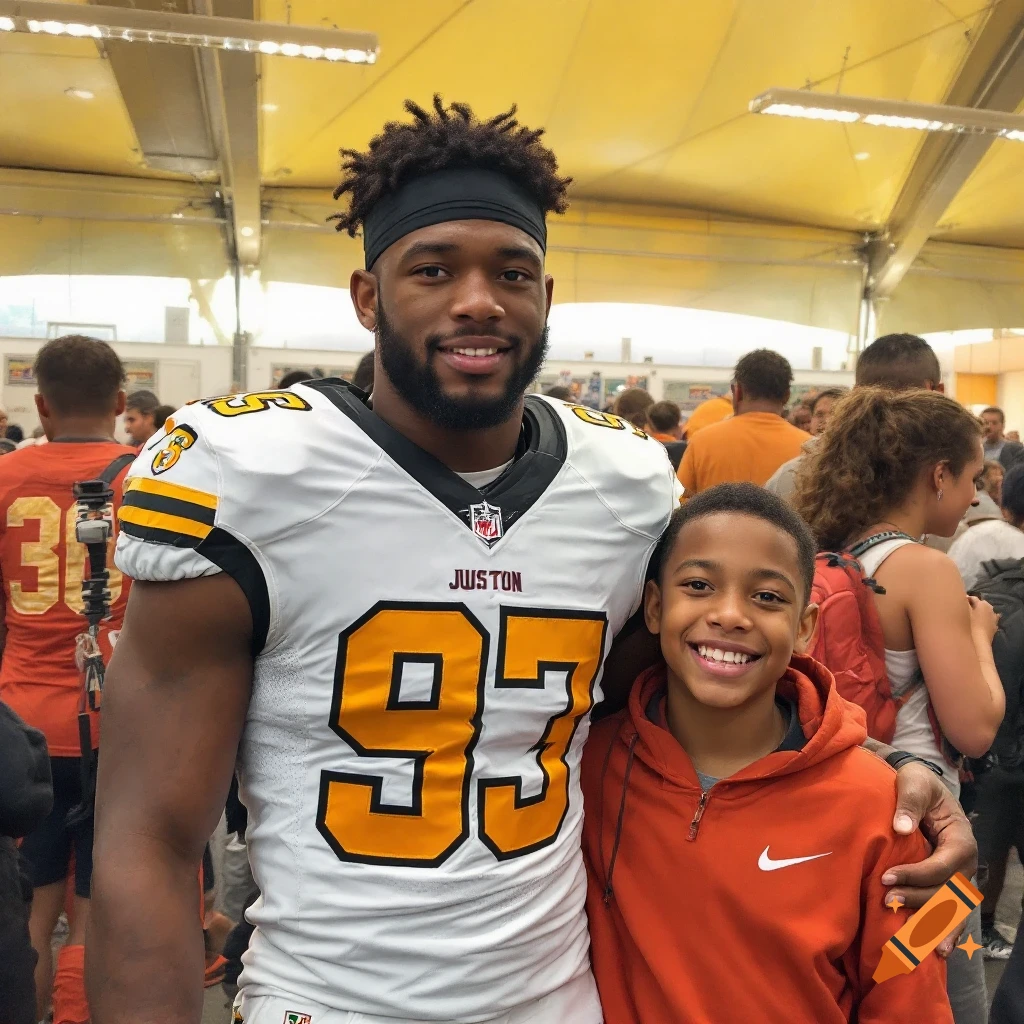 Football player and child smile for a photo in an indoor setting with a ...
