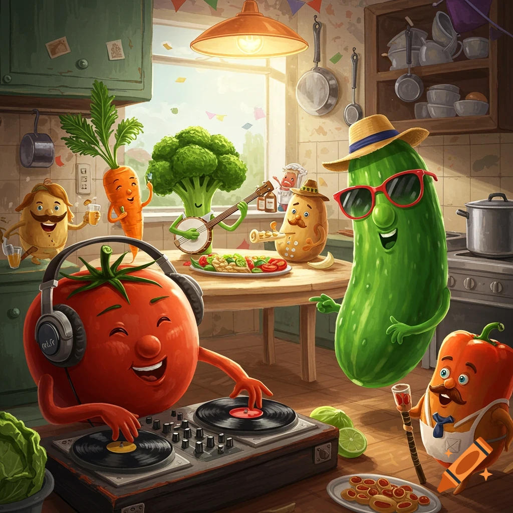 Sentient vegetables are partying in a kitchen, with a tomato acting as ...