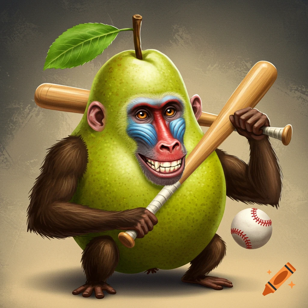 Pear with baboon face holding baseball bat on Craiyon