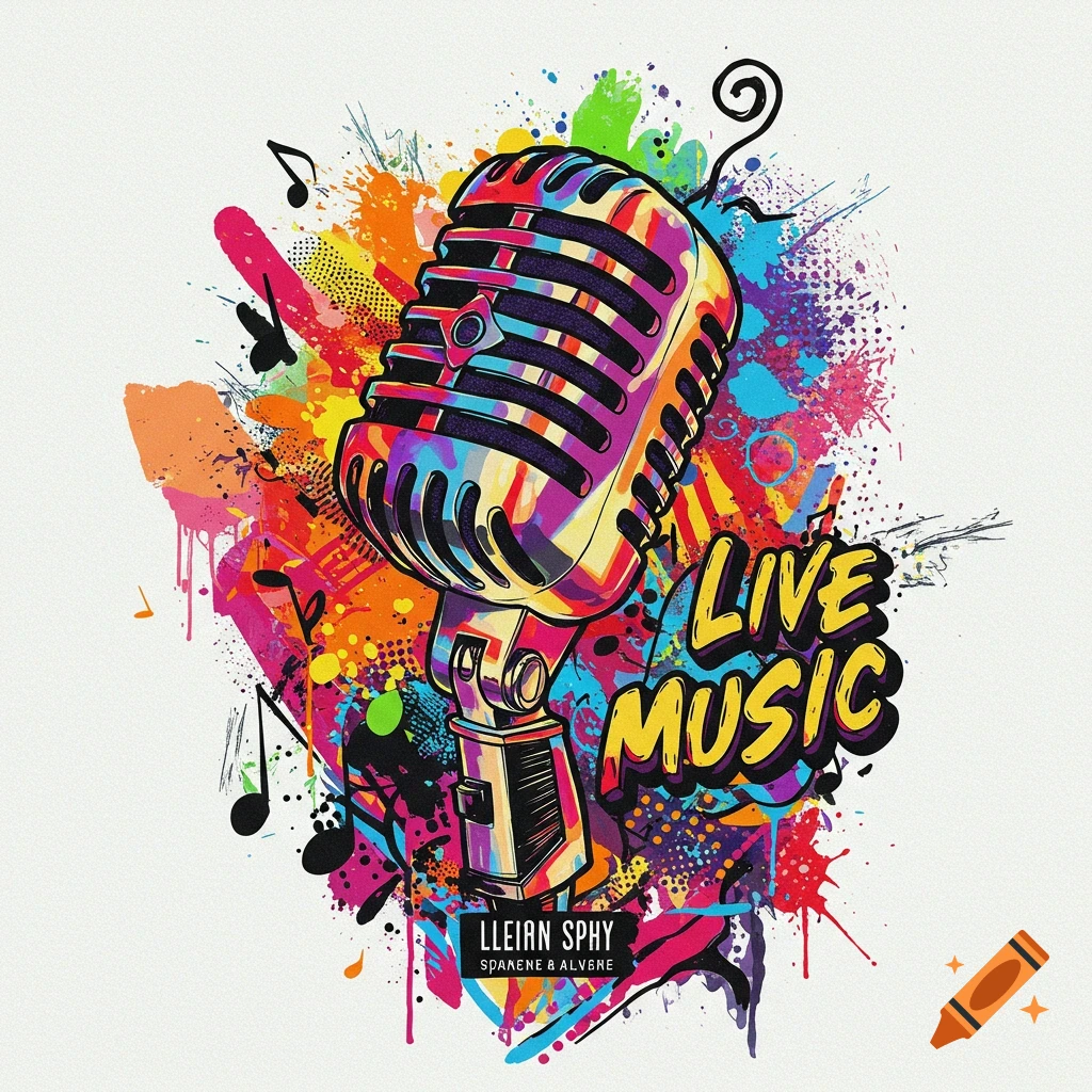 Colorful poster with a heart containing a vintage microphone and music ...