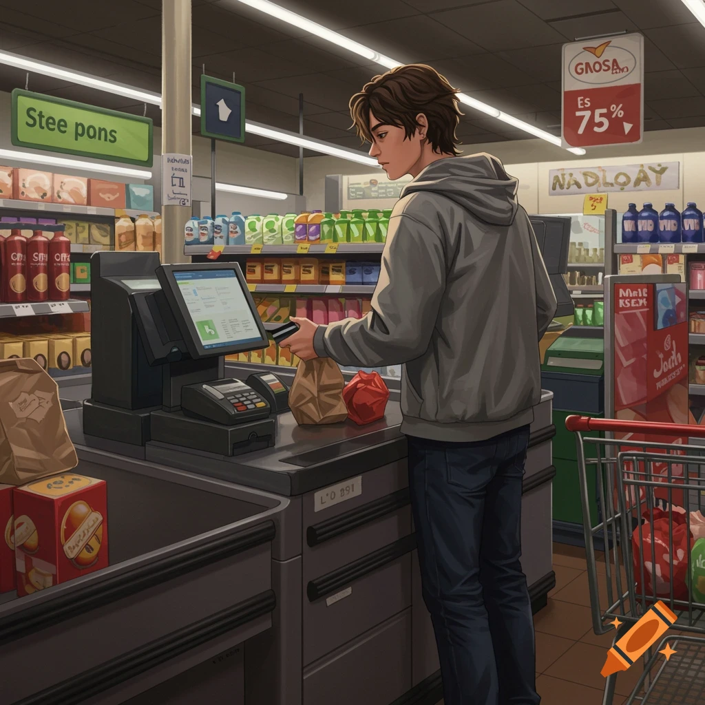 A young man is paying at a grocery store checkout. on Craiyon