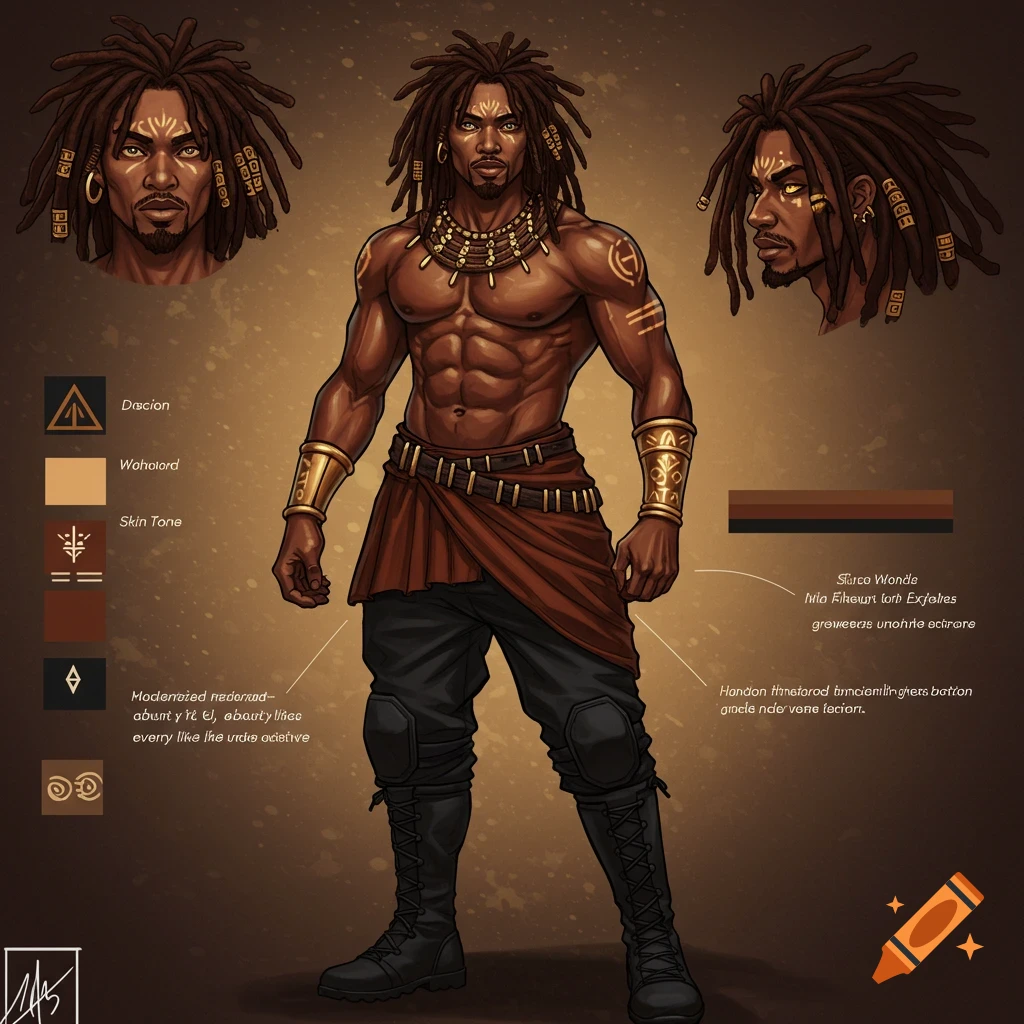 Towering figure with long locs and tribal rings, fusion of African ...