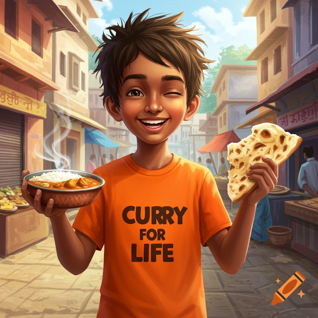 Indian boy with bad haircut holding curry and naan, shirt says 'curry ...
