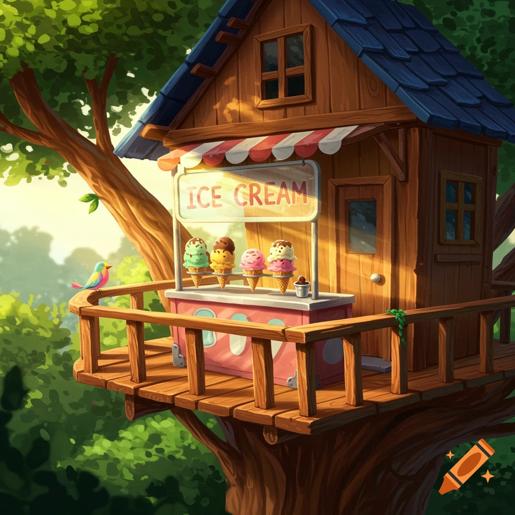 Ice cream stand in treehouse with sun shining through glass sign on Craiyon