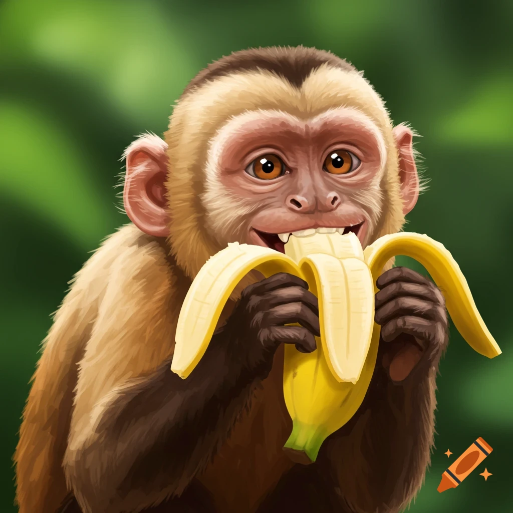 Illustration of a proboscis monkey peeling a large banana. on Craiyon