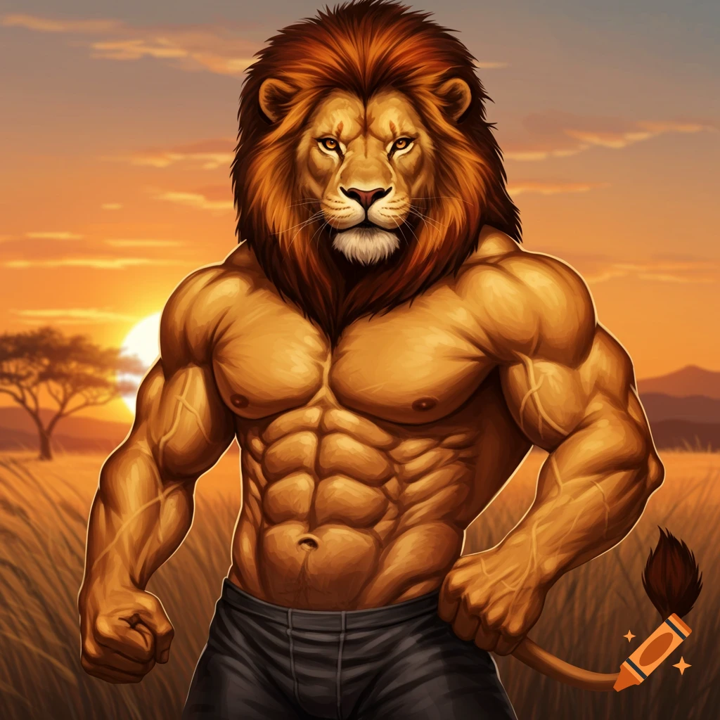 A muscular lion man standing in front of a sunset over a savanna. on Craiyon