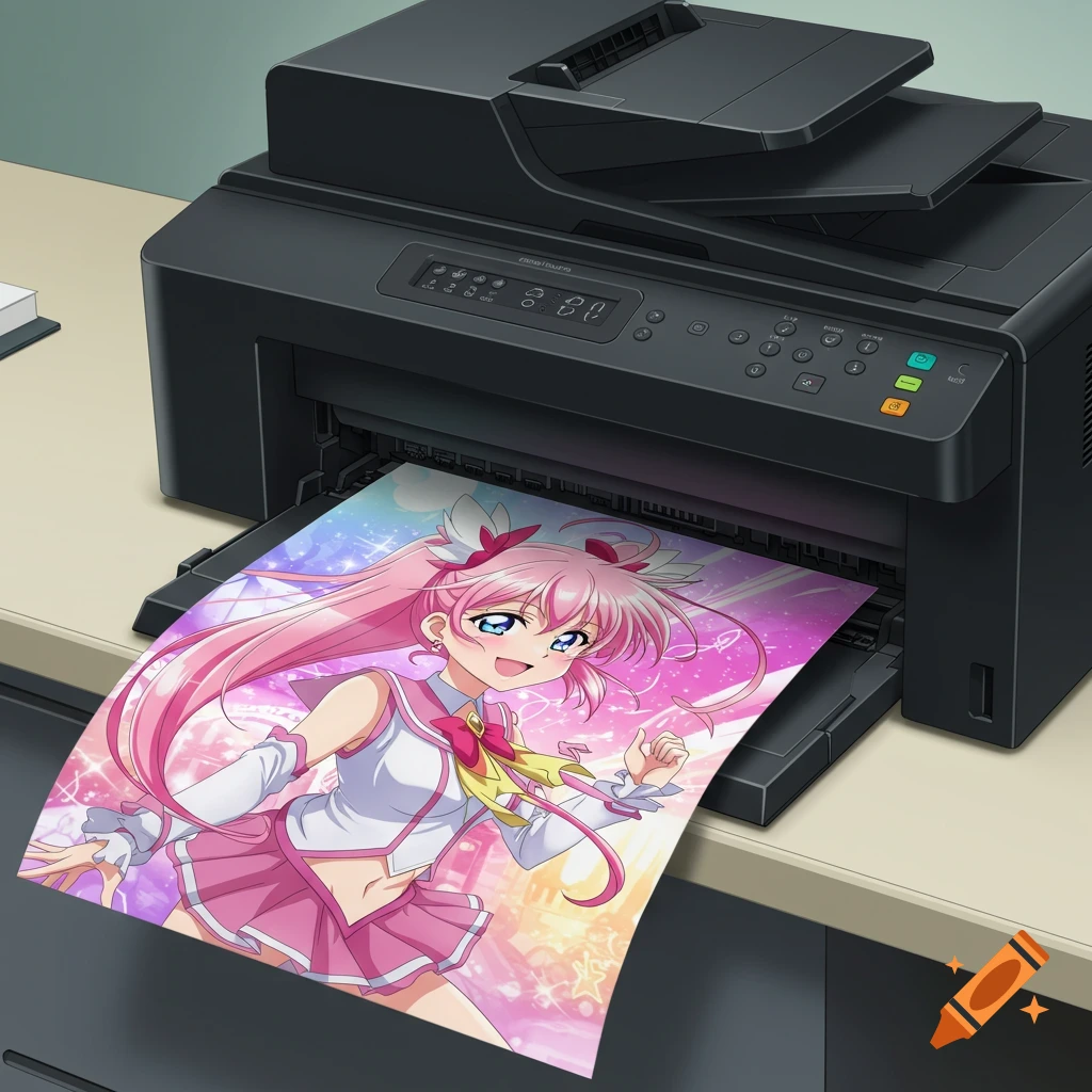 Anime Girl Being Printed From a Printer created on Craiyon