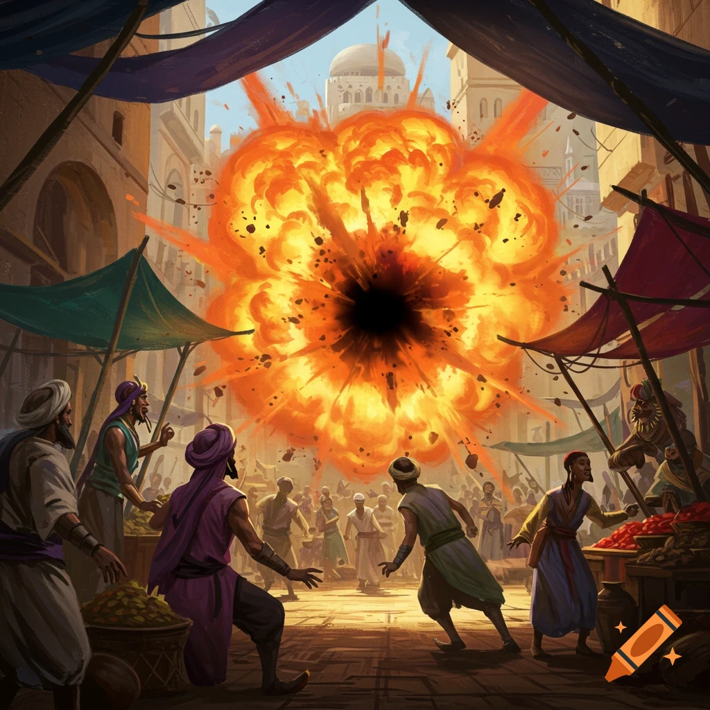 A large fiery explosion in the center of a bustling marketplace, with ...