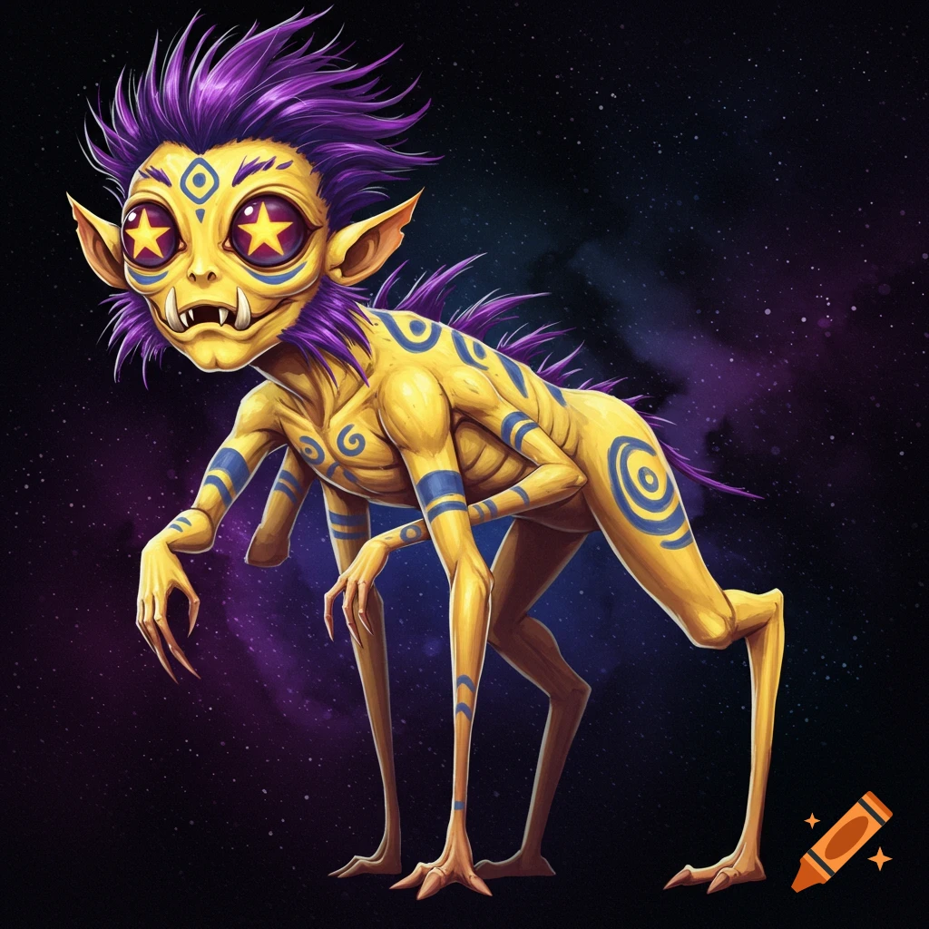 Creature with star-shaped eyes, long leg, six arms, purple hair, yellow ...