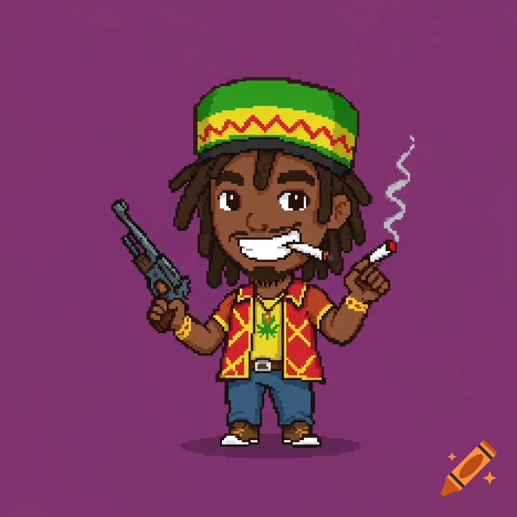 Pixel art cartoon of a Jamaican man with dreads and Rasta hat, holding ...
