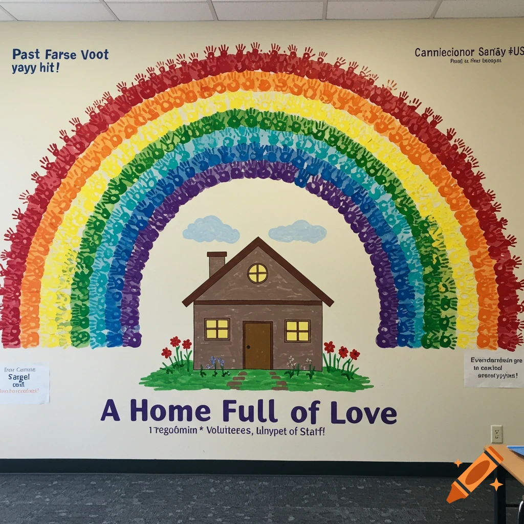 Wall mural of a rainbow made of handprints above a house with the words ...