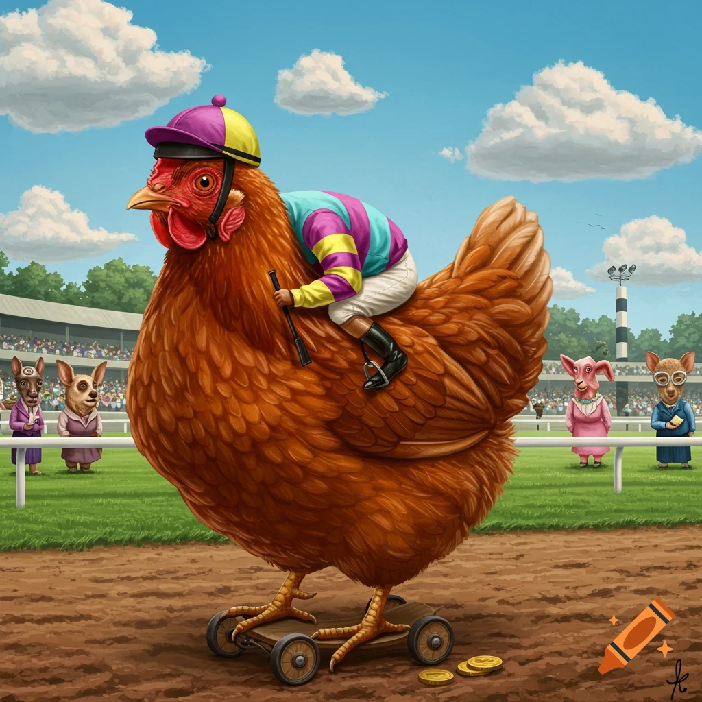 Digital painting of a chicken with a jockey riding it on a skateboard ...