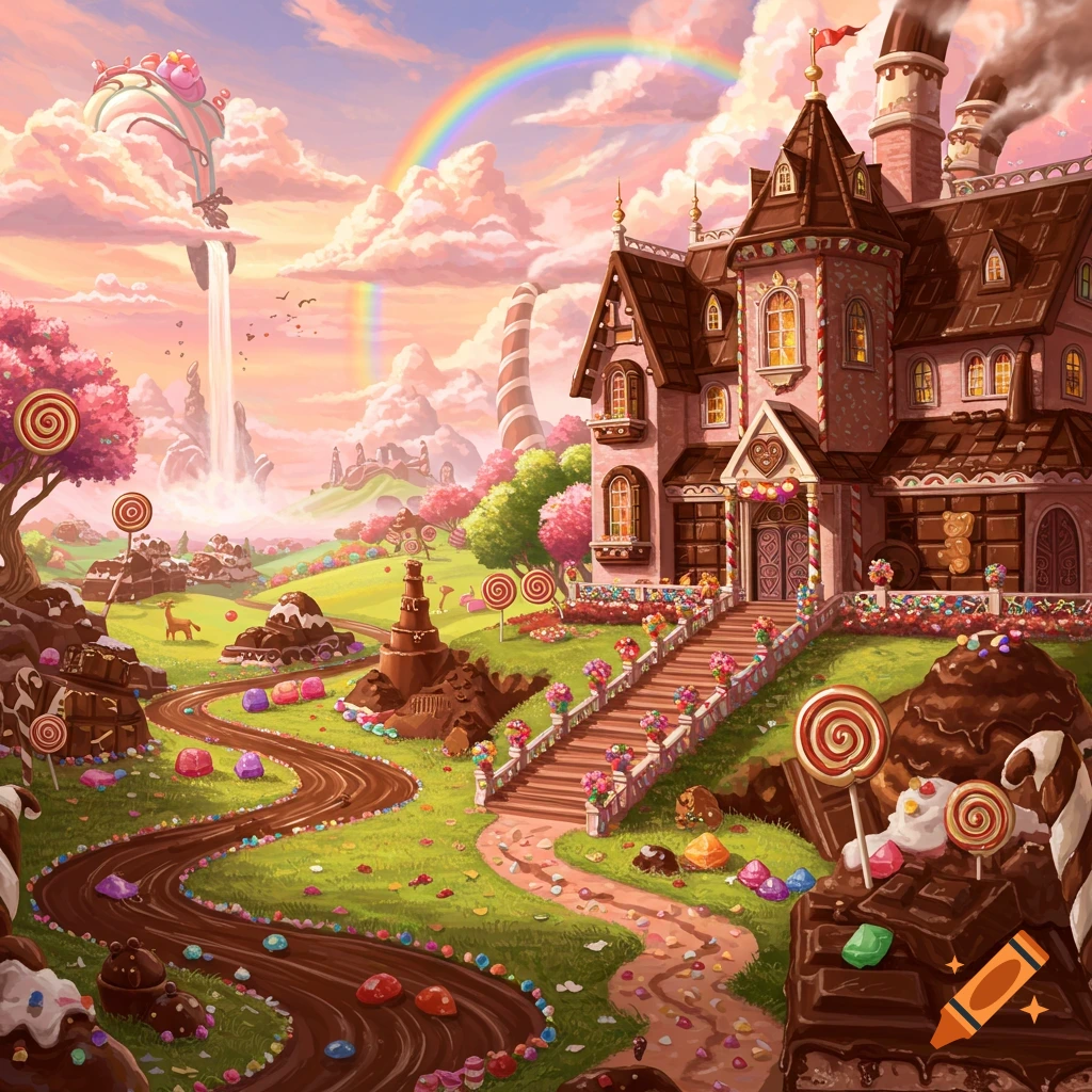 Fantasy chocolate factory mansion in a candy landscape with a rainbow ...