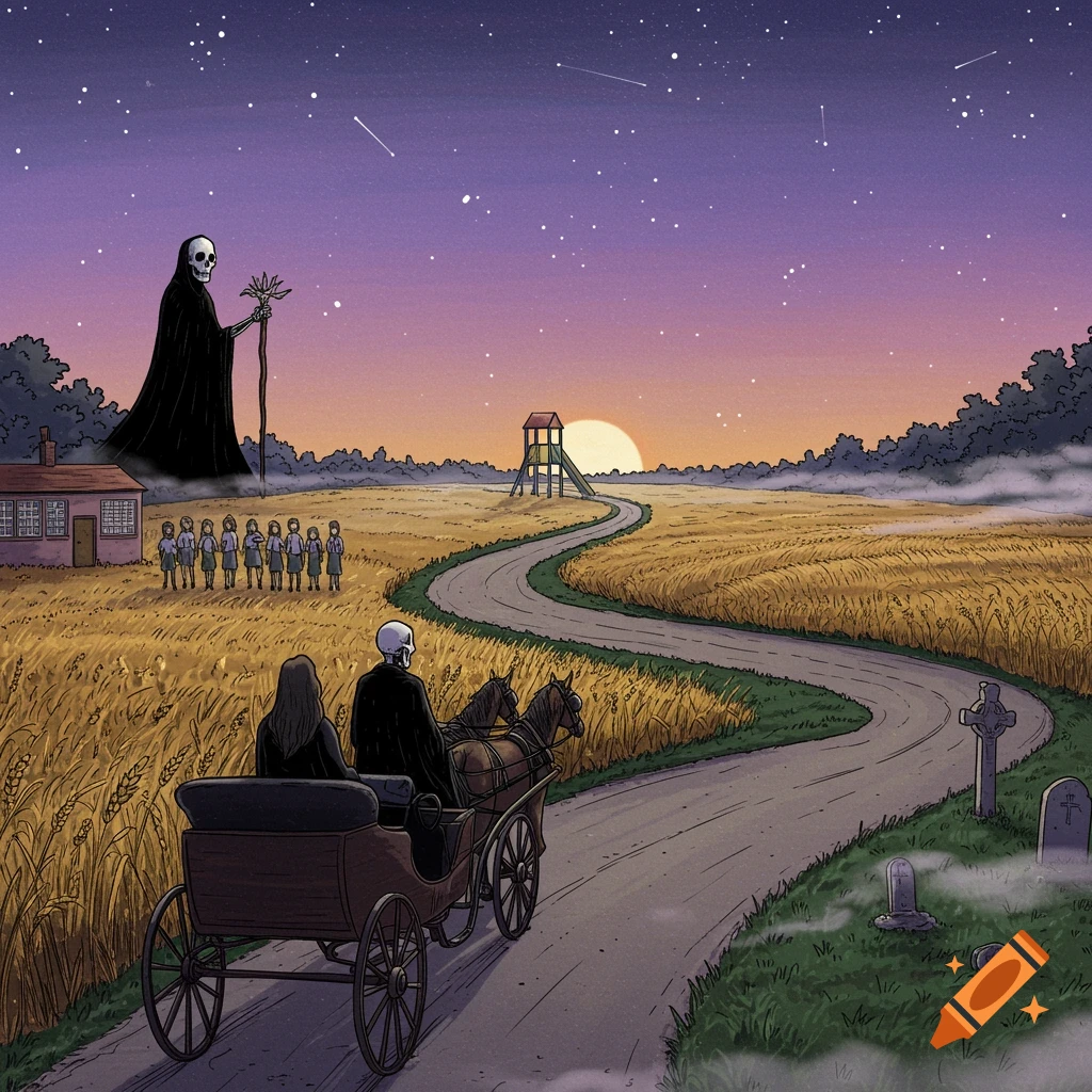 Horse-drawn carriage with Death in a surreal landscape, Dark ...