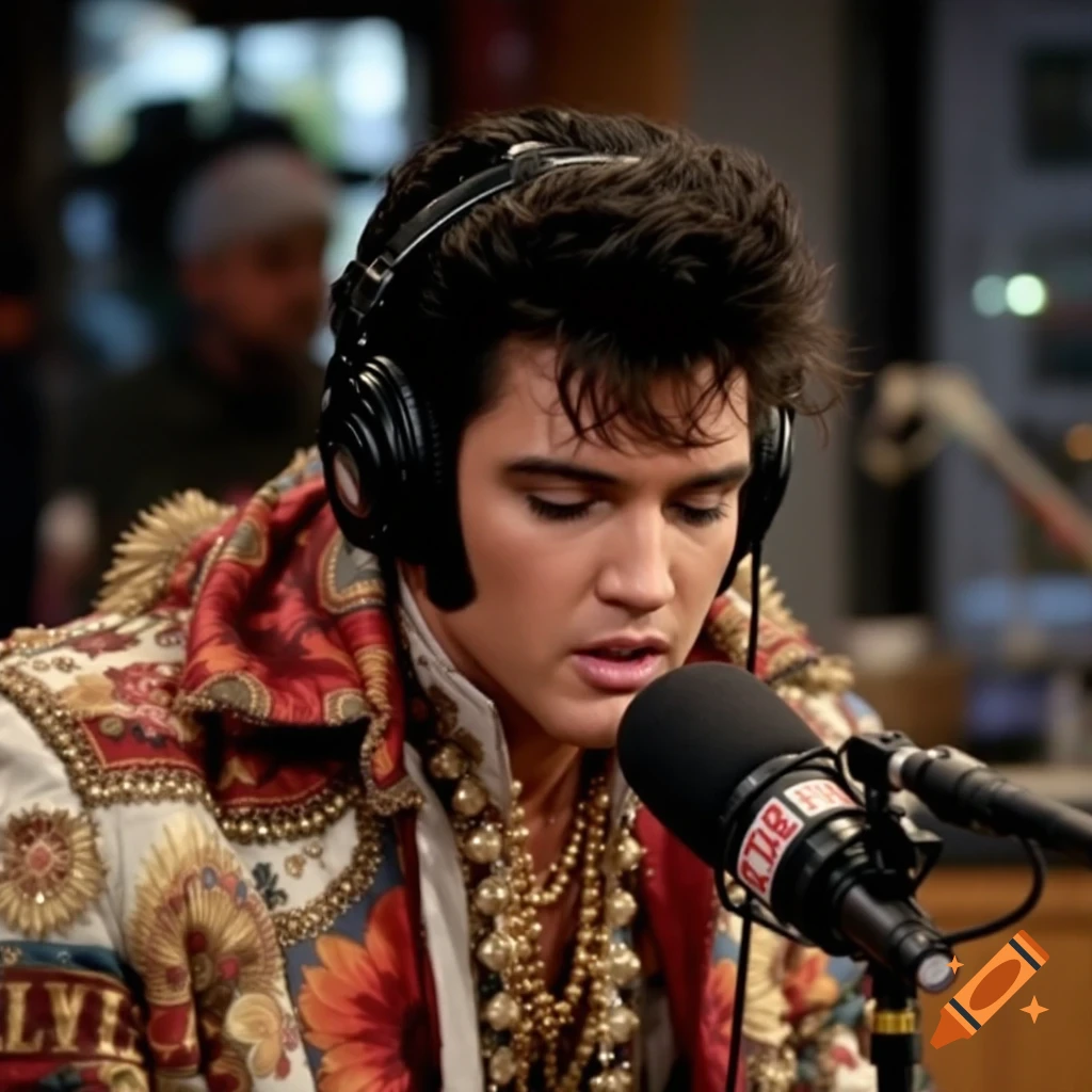 A man resembling Elvis Presley wears headphones and a decorated jacket ...