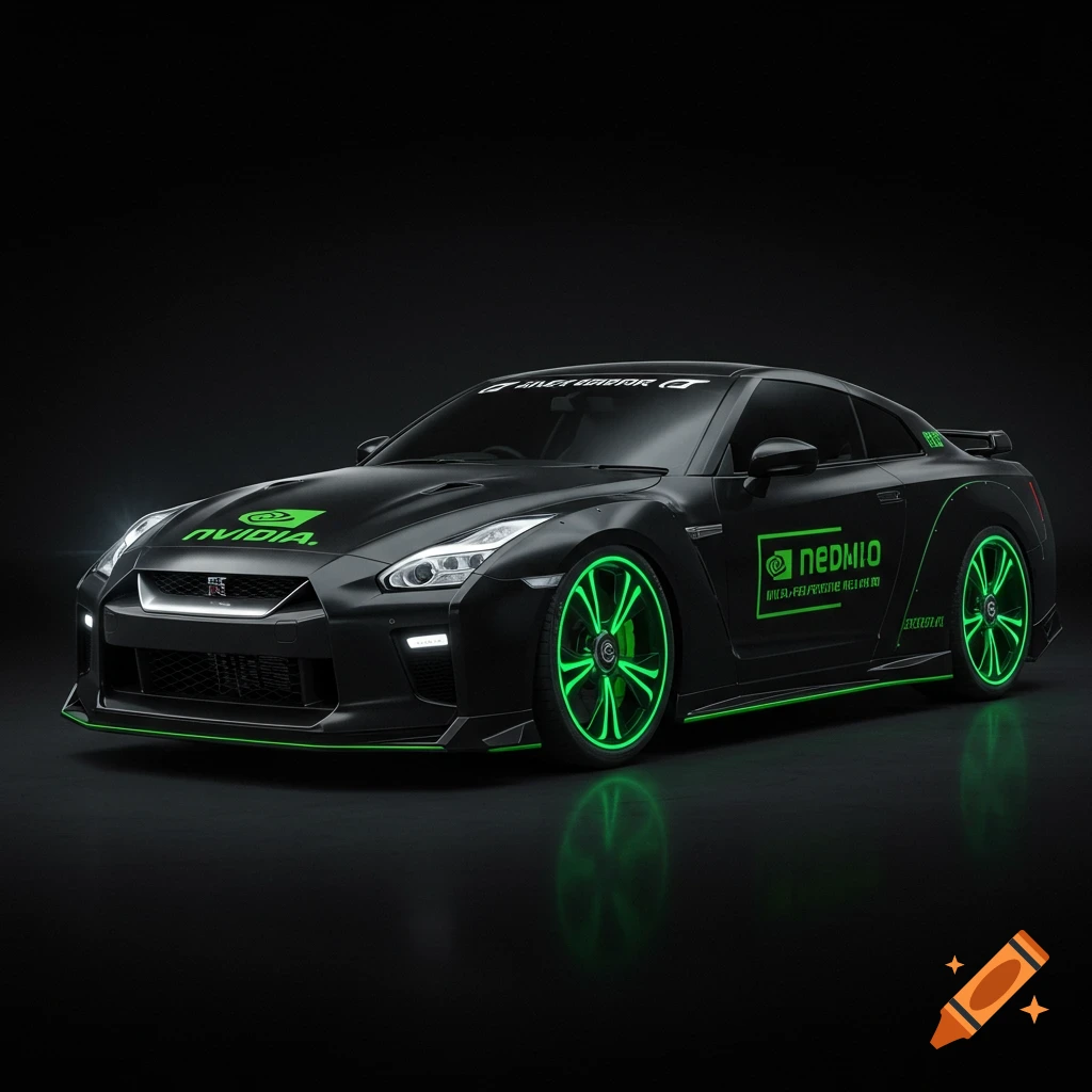 Blue Nissan GTR illuminated with red LED and blue neon lights on Craiyon