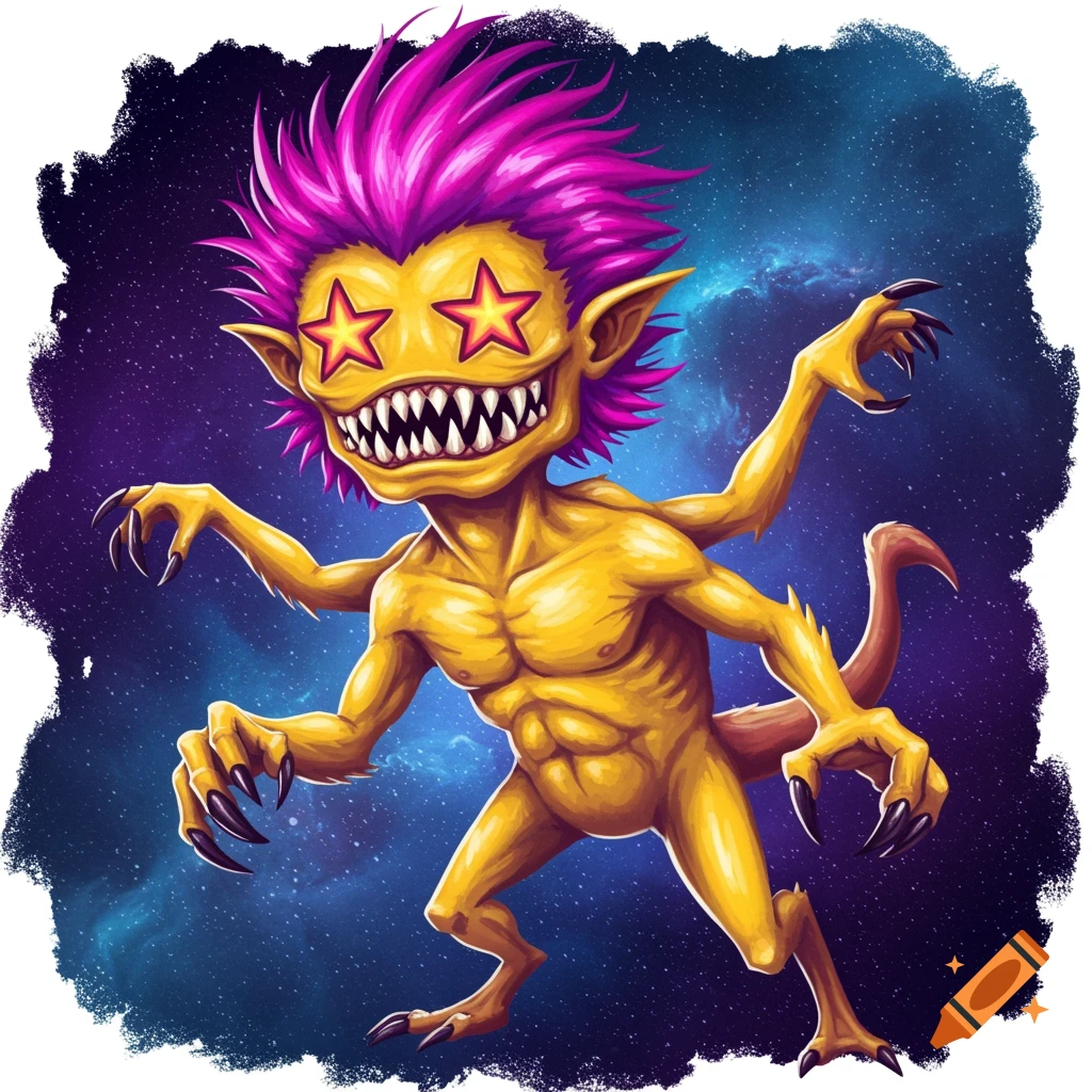 Creature with star-shaped eyes, long leg, six arms, purple hair, yellow ...