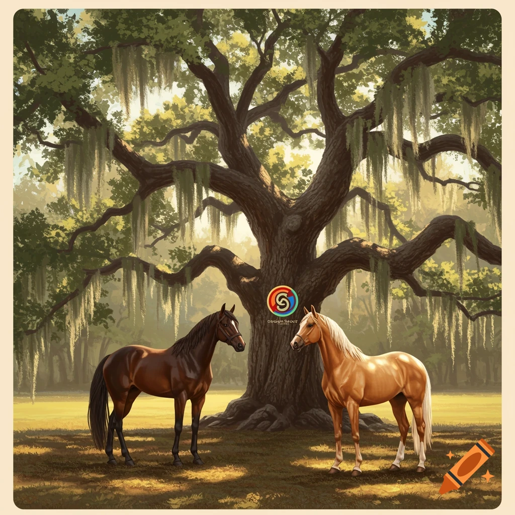 Horses under live oak tree with Spanish moss logo on Craiyon
