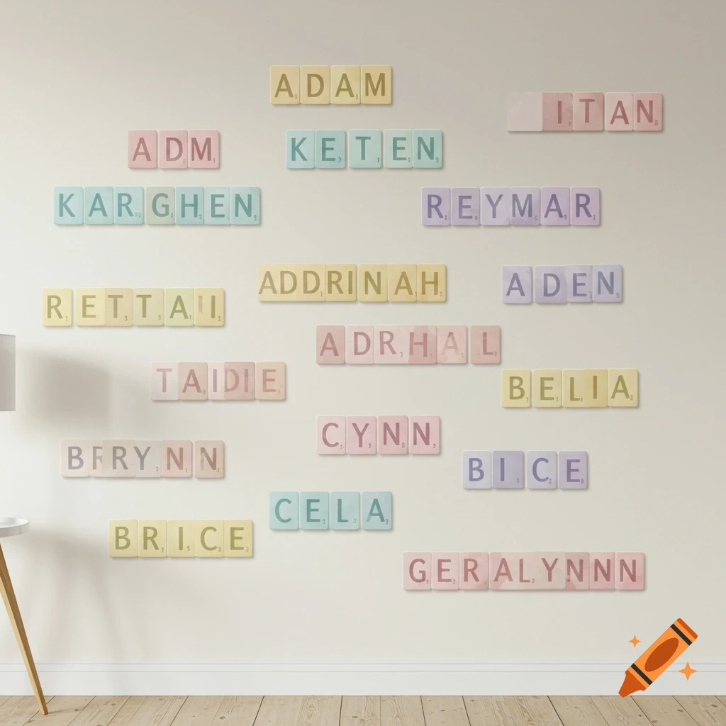 Scrabble tile wall pattern with names on Craiyon
