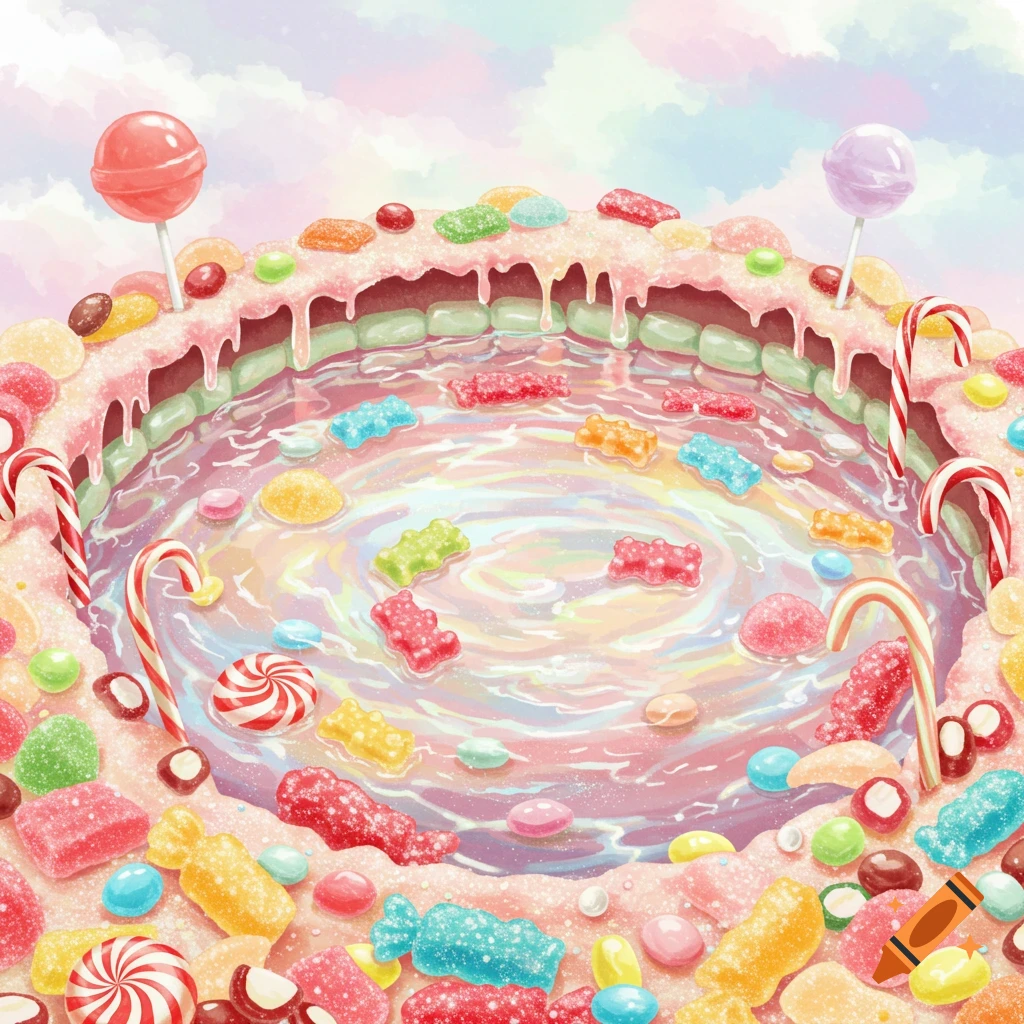 Realistic pool made of candy on Craiyon