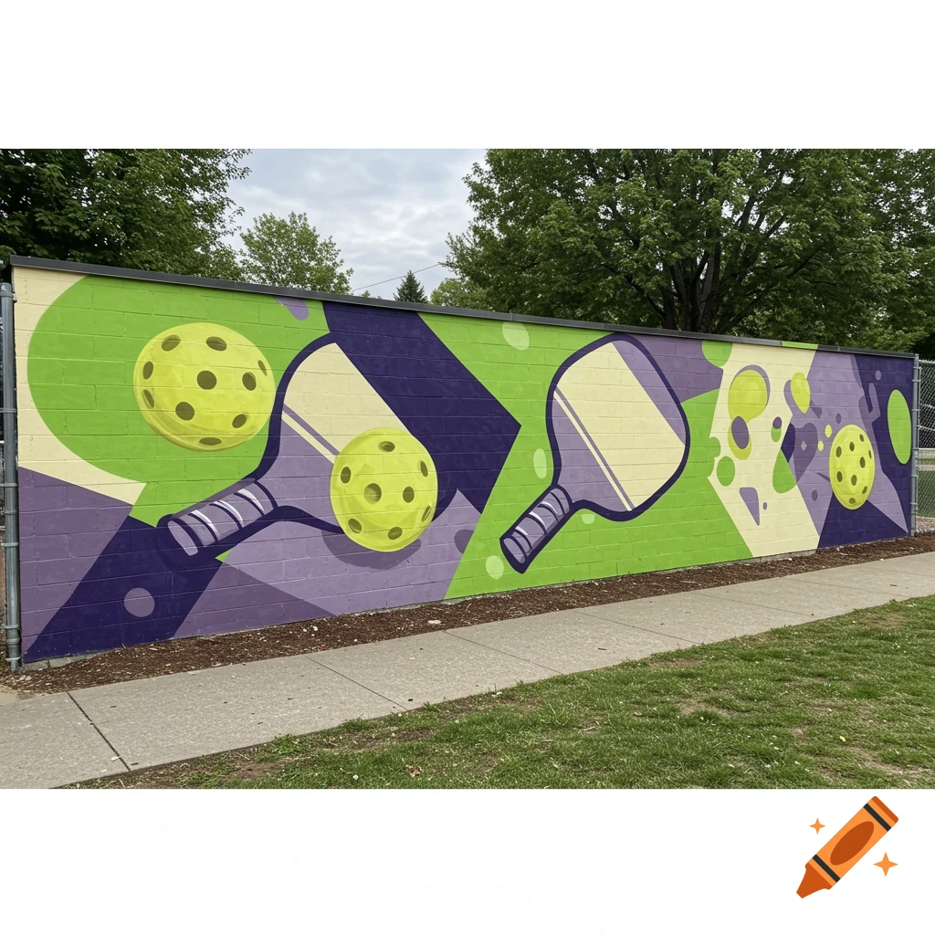 A colorful geometric mural depicting pickleball paddles and balls on a ...