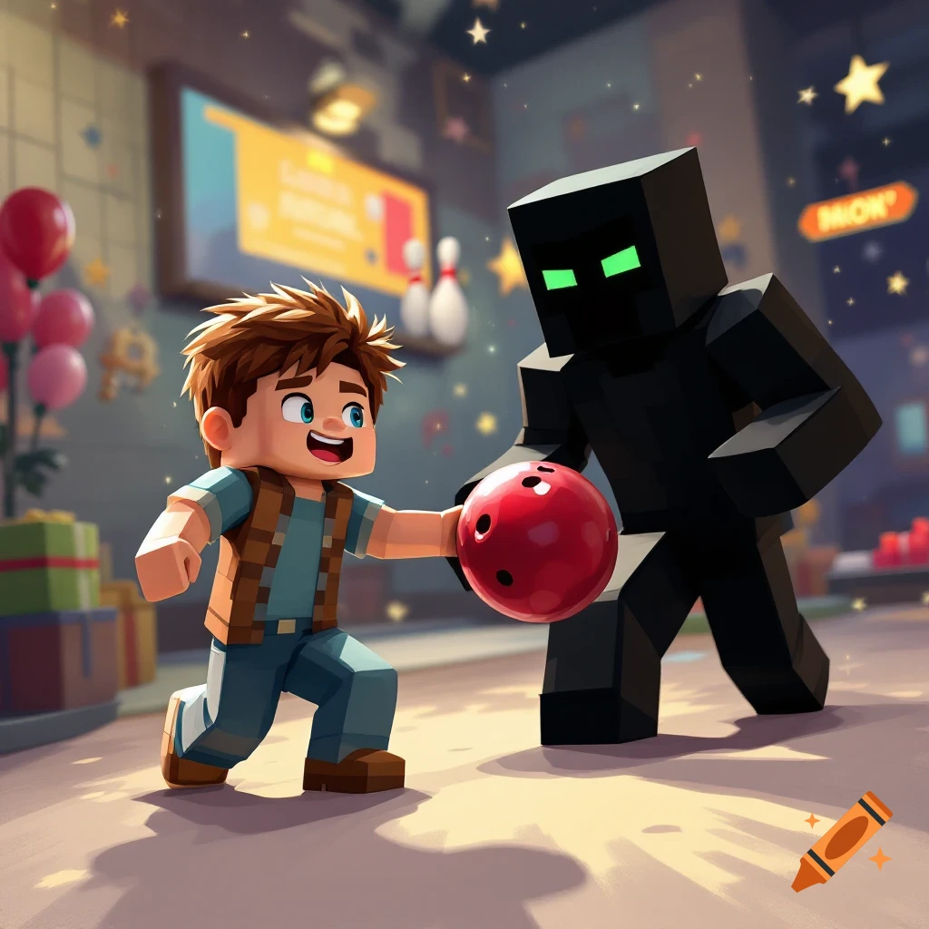 Minecraft and Jack Black themed 5th birthday bowling invitation on Craiyon