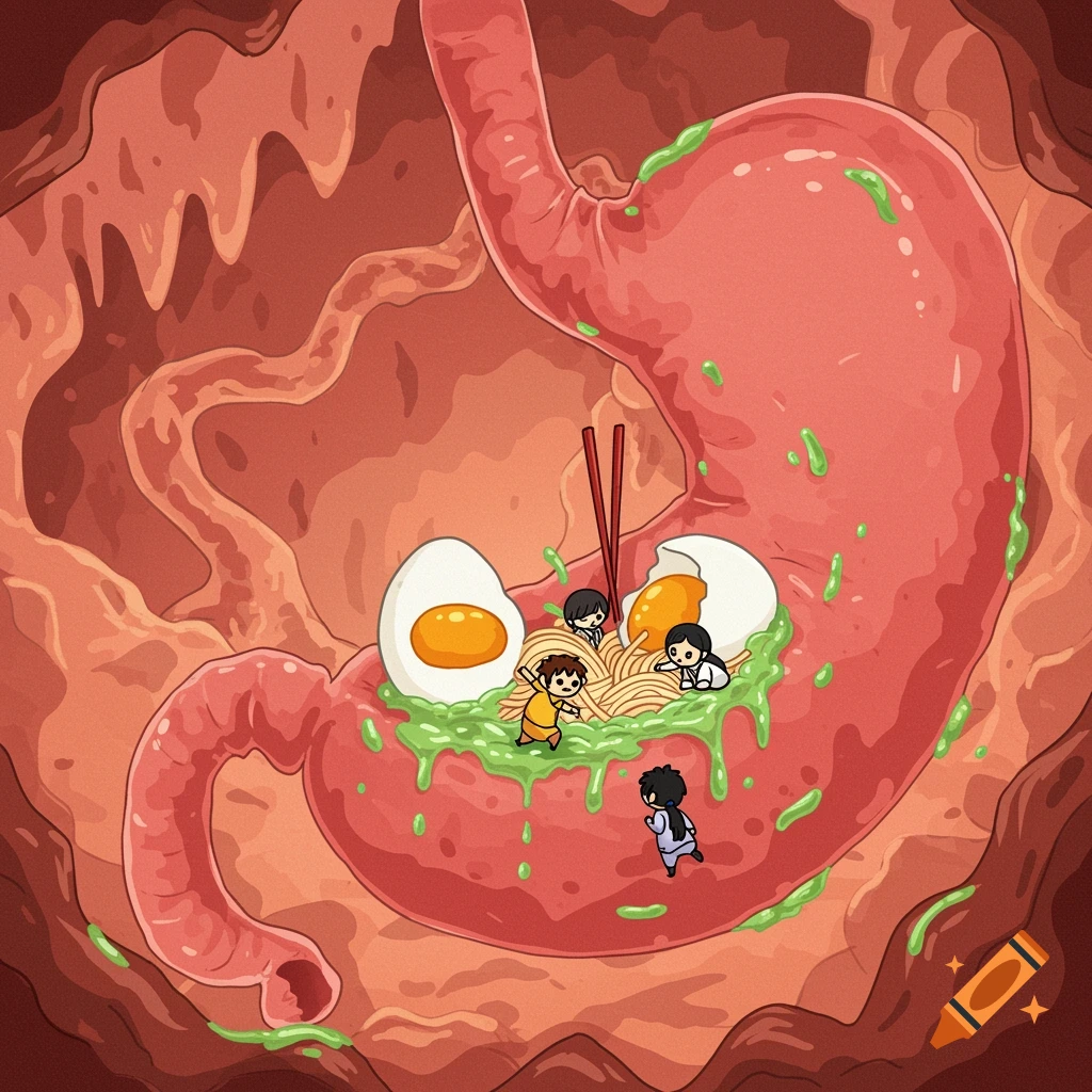 Cartoon image of a stomach interior with food and tiny human characters ...