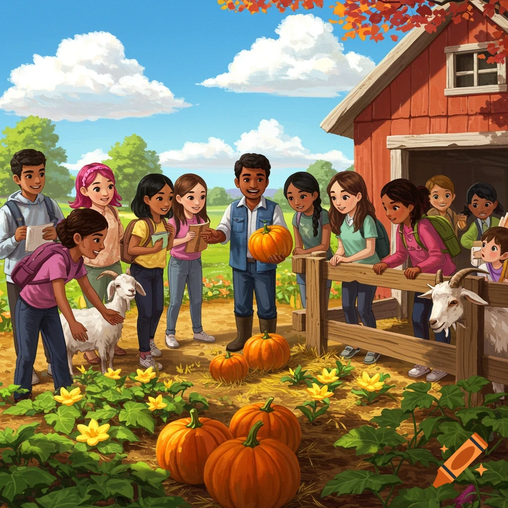 Diverse children learn about pumpkins and goats from a farmer on a ...