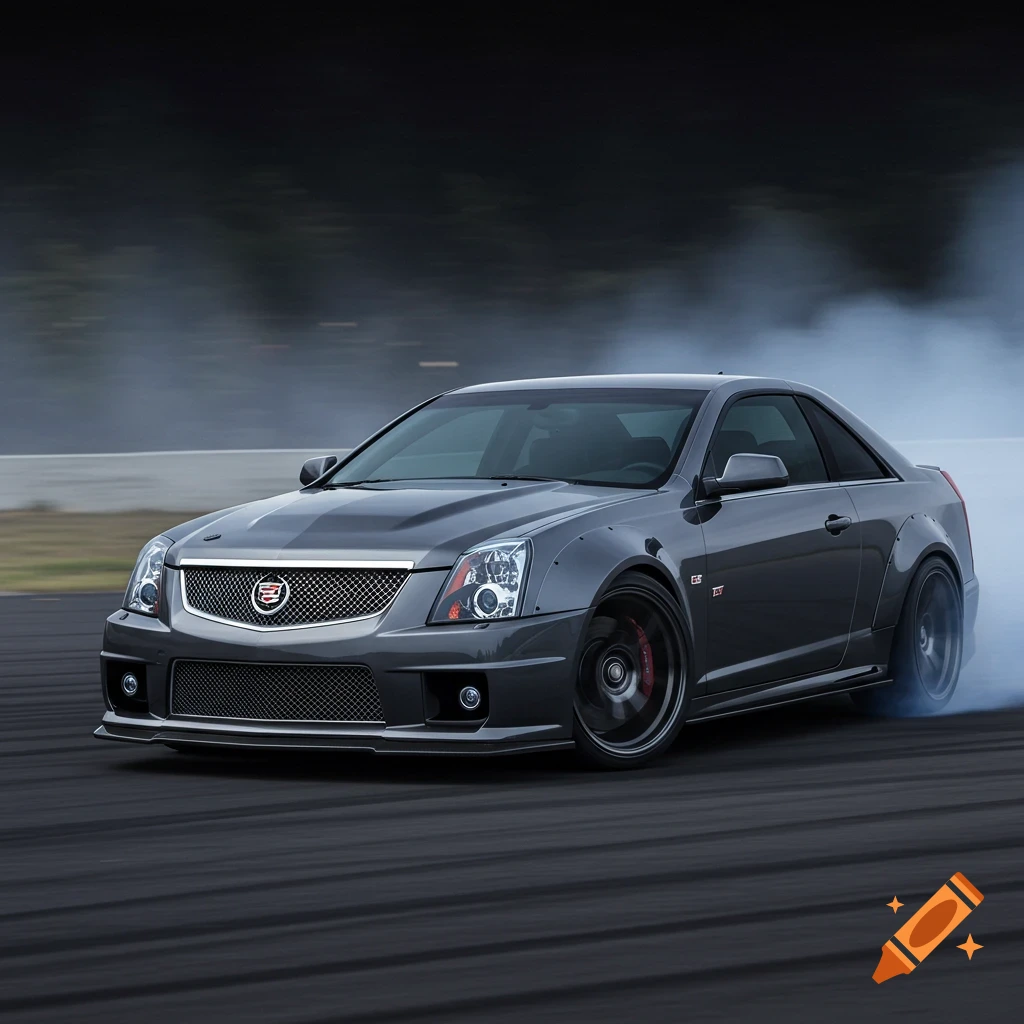 2007 Cadillac STS-V with wide body kit drifting on Craiyon
