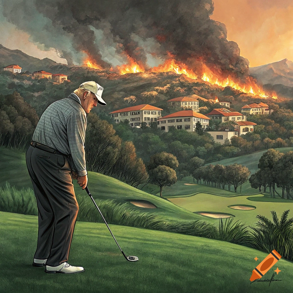 Neon oil painting of Donald Trump golfing with world burning on Craiyon