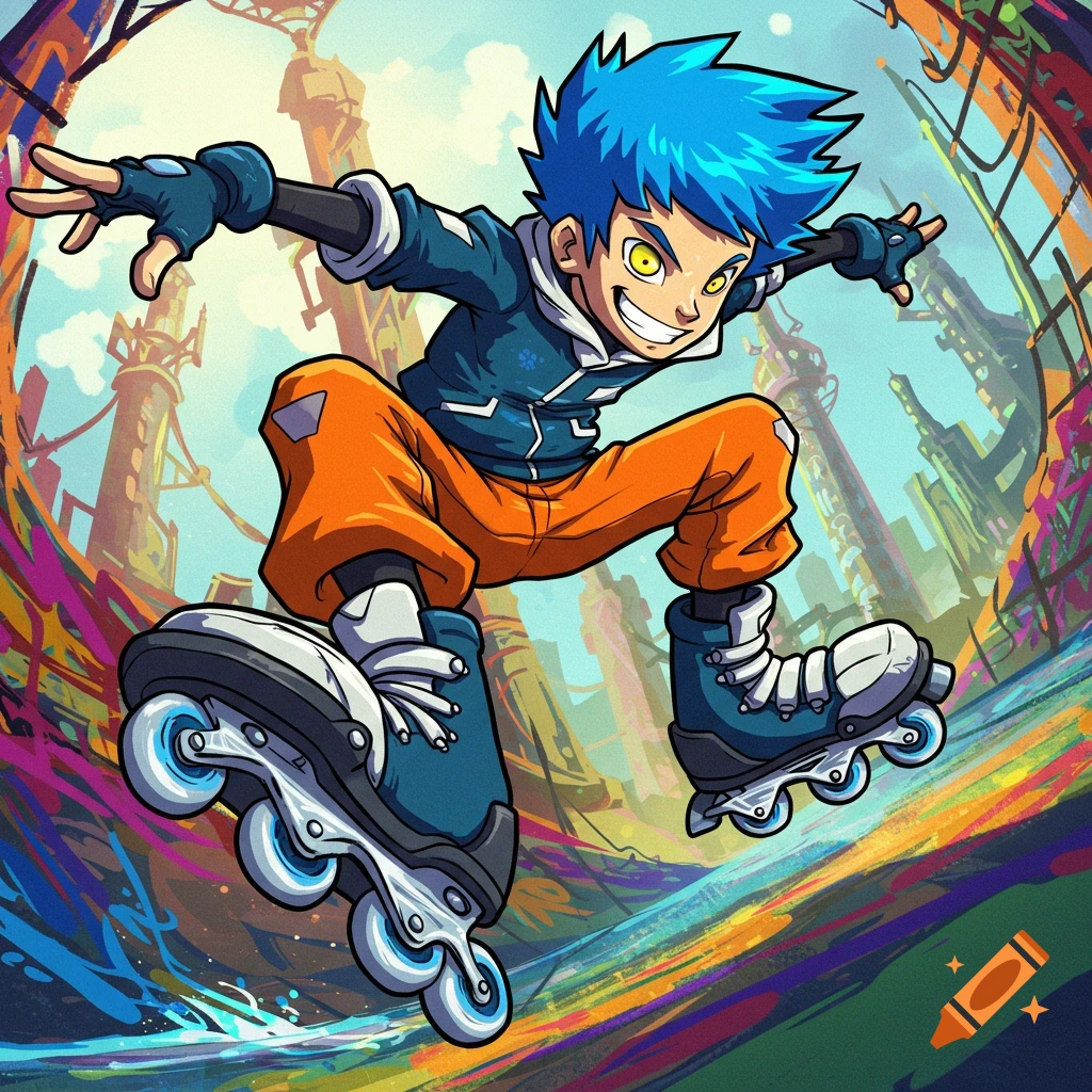 A cheerful cartoon boy with blue hair rides a colorful rocket through a ...