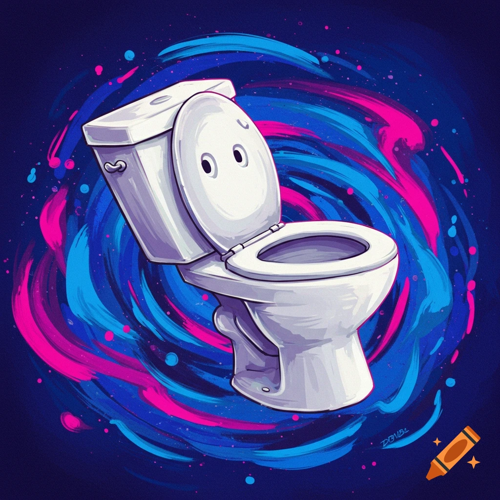 Cartoon toilet character with eyes and arms, smiling against a pink and ...