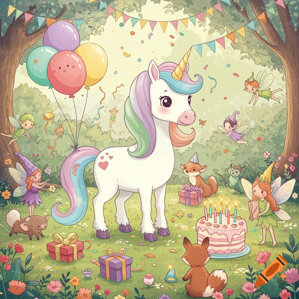 Whimsical scene of a cartoon unicorn, fairies, and woodland animals at ...