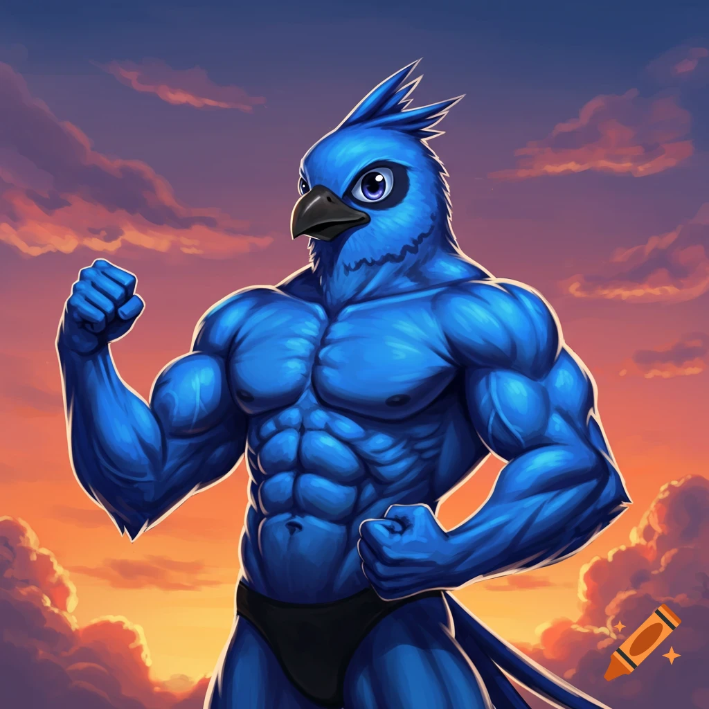A muscular blue bird stands in a dynamic pose against a sunset backdrop. on Craiyon