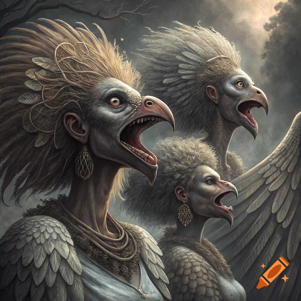 3 winged women with serpentine hair and swine tusks on Craiyon