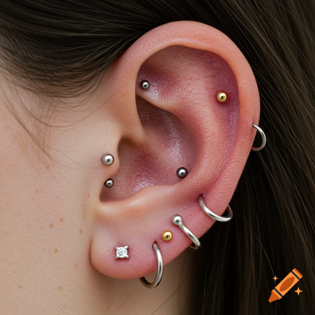 Ear with lobe, conch, helix, and hidden helix piercings photo on Craiyon