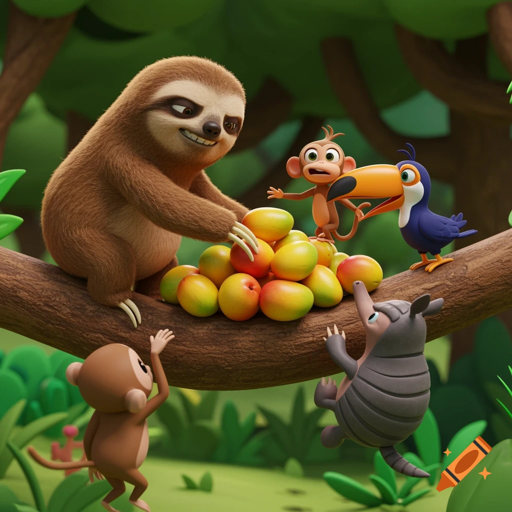 Animated sloth pushing friends on Craiyon