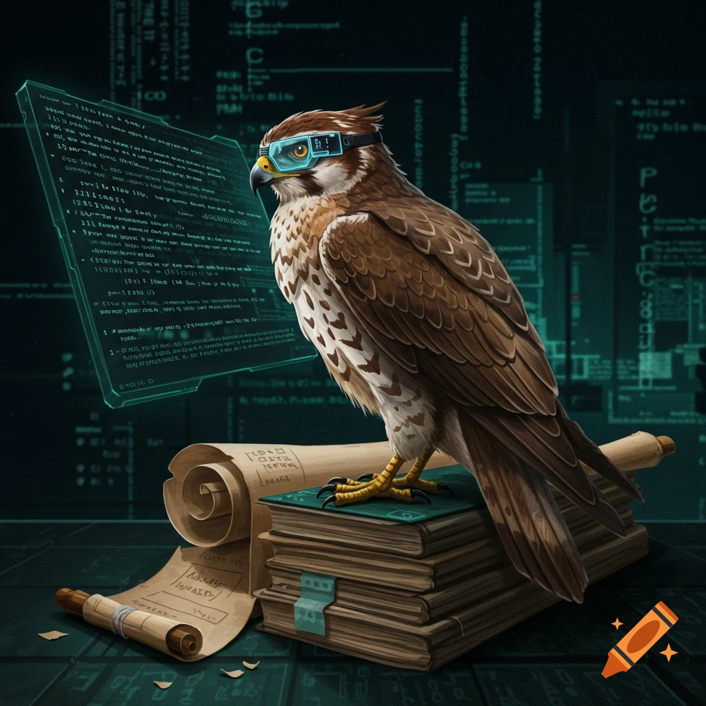 Cyberpunk hawk wearing tech goggles scanning a terminal screen on Craiyon