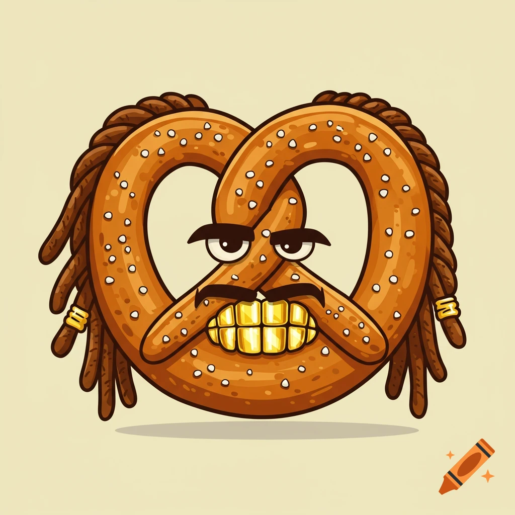 Cartoon gangster pretzel with gold grills and dreads on Craiyon