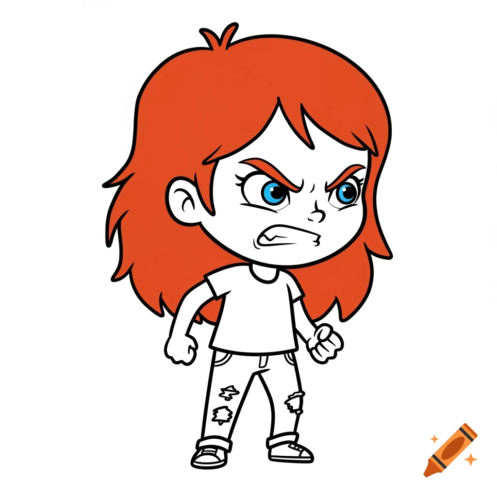 A cartoon illustration of an angry blonde girl in a pink dress with her ...