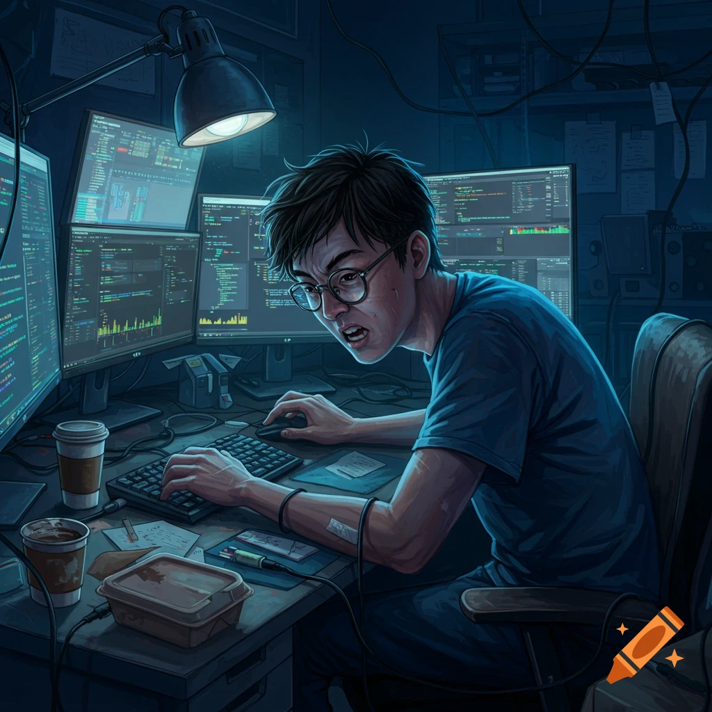 Tech guy with glasses overloaded with work on Craiyon