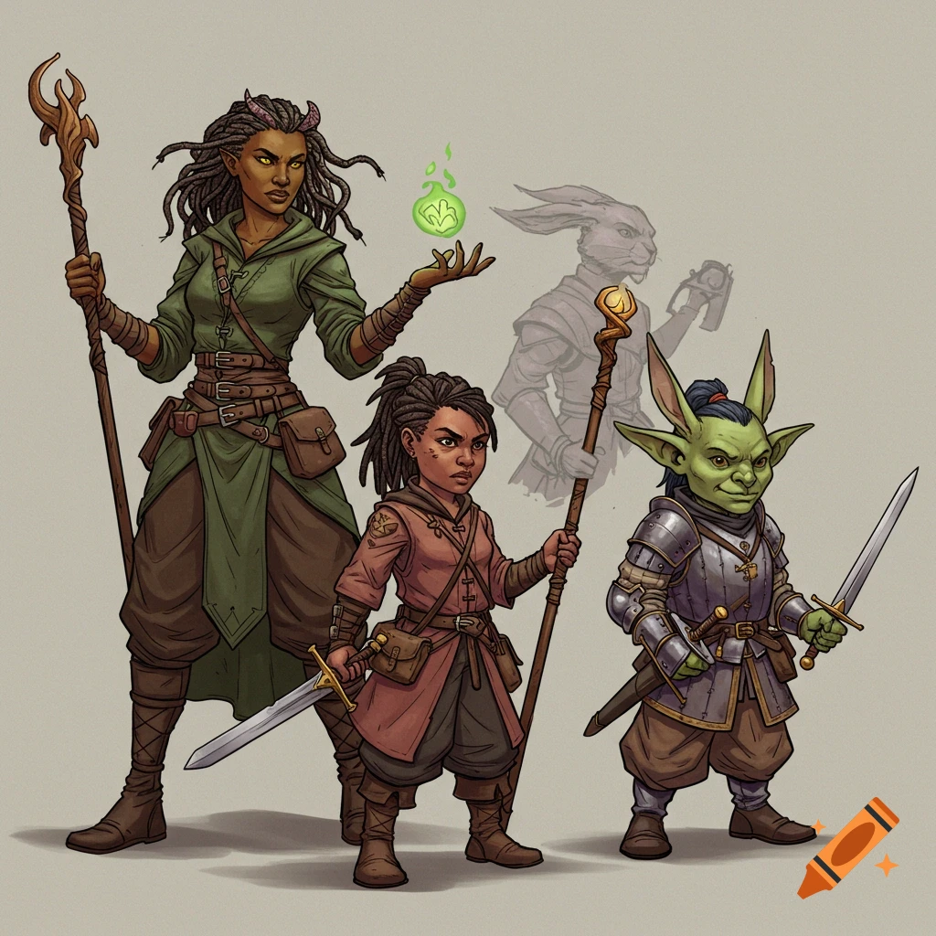 Olive-toned female warlock, Caucasian female rogue, rabbit-like wizard ...