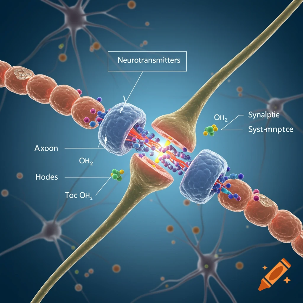 Illustration of neurons transmitting electrical impulses through axons and synapses. on Craiyon