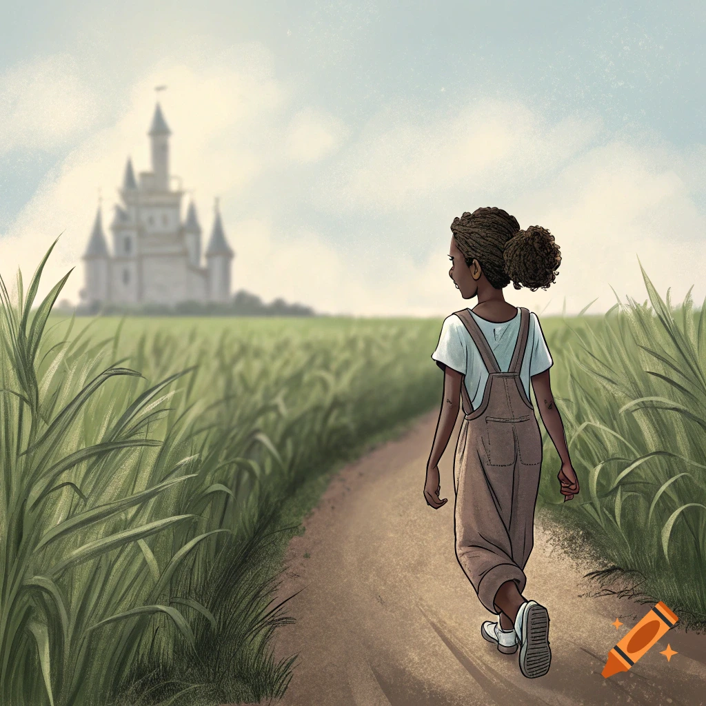 Brown girl walking away from blurry castle towards a sugar cane field ...