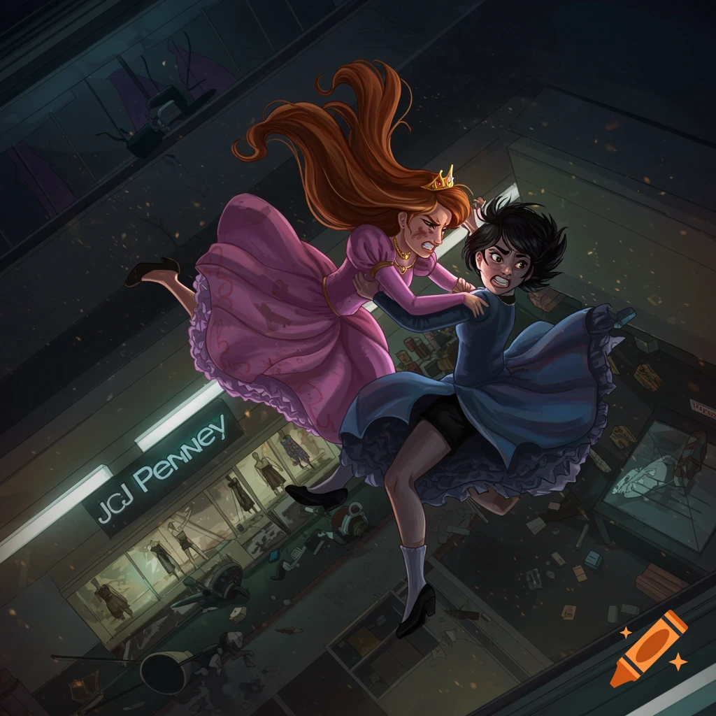 Two teenaged princess sisters falling from the second floor of a dark ...