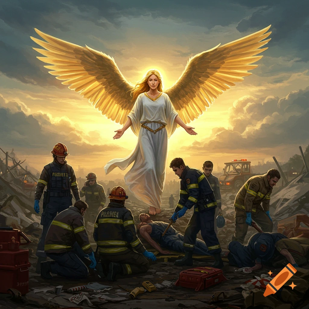 Angel hovering over first responders on Craiyon