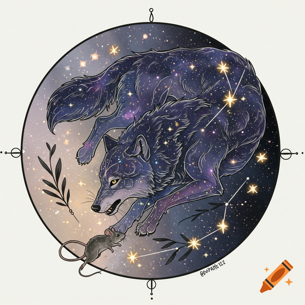 Tattoo design of wolf chasing mouse in constellation style on Craiyon