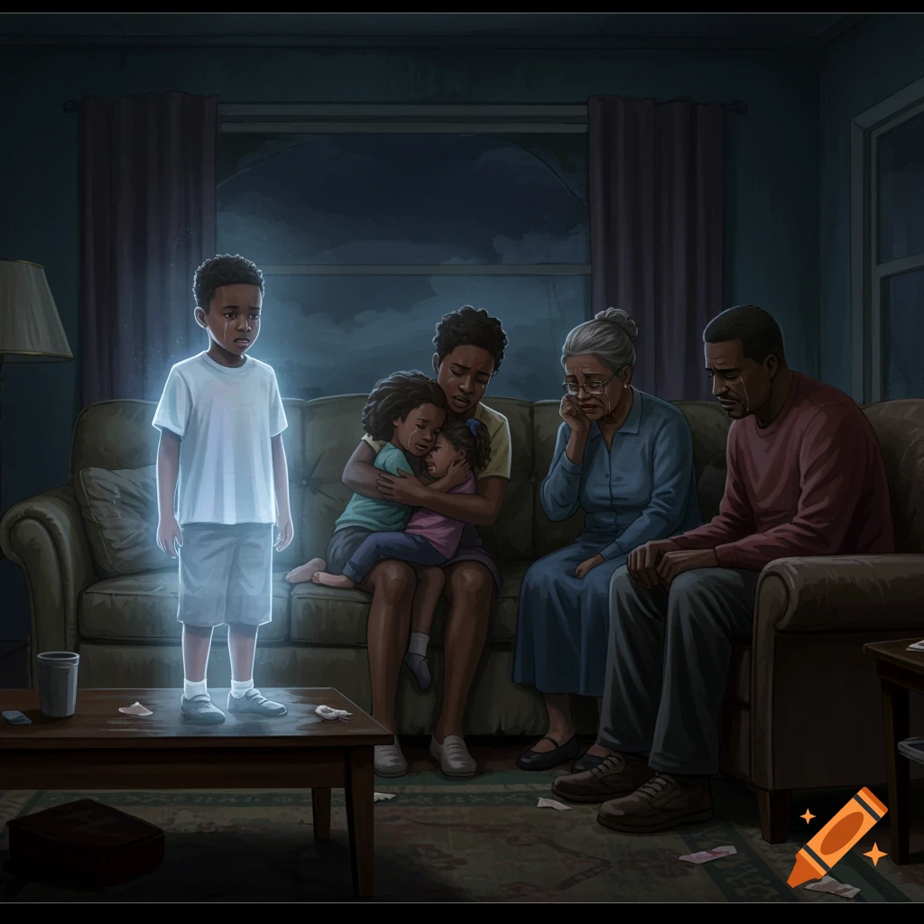 A young Black boy ghost stands beside his grieving family in a dimly ...