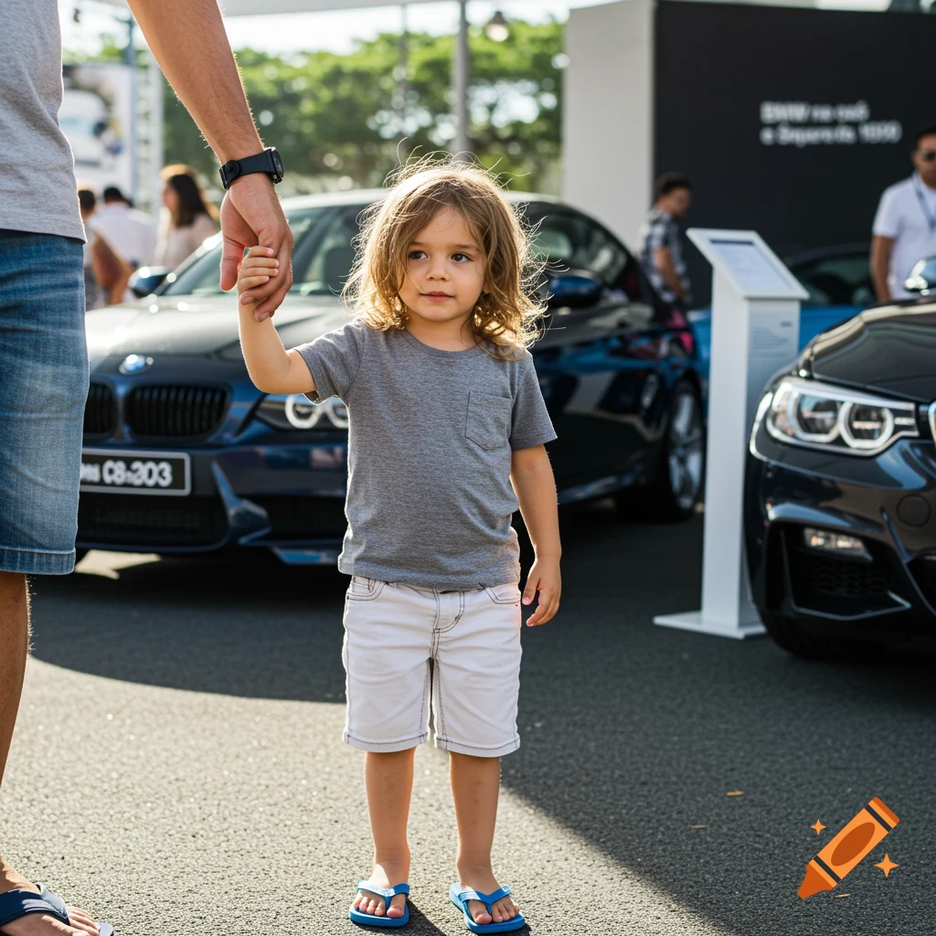 White Brazilian boy at a BMW car convention holding his dad's hand on ...