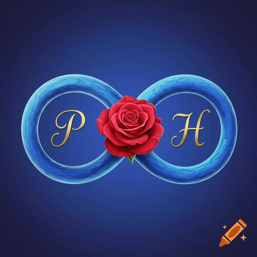 Infinity symbol with realistic rose and initials P & H on Craiyon